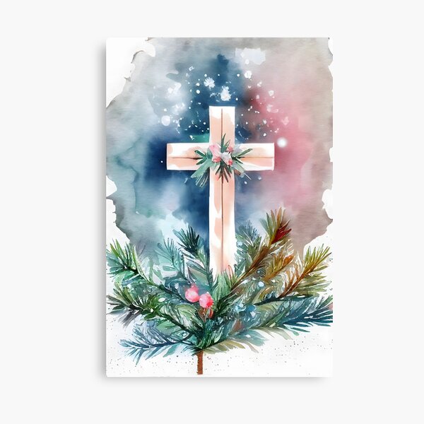 "Loose Watercolor Christian Christmas Cross with Red Ribbons, Fir ...