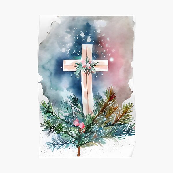 "Loose Watercolor Christian Christmas Cross with Red Ribbons, Fir ...