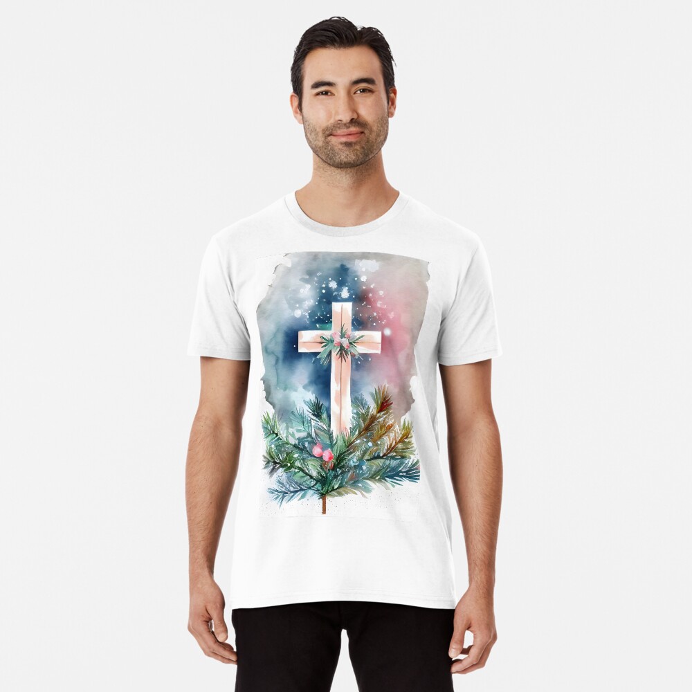 "Loose Watercolor Christian Christmas Cross with Red Ribbons, Fir ...