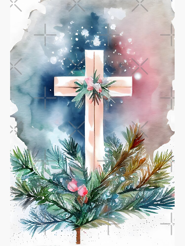 "Loose Watercolor Christian Christmas Cross with Red Ribbons, Fir ...