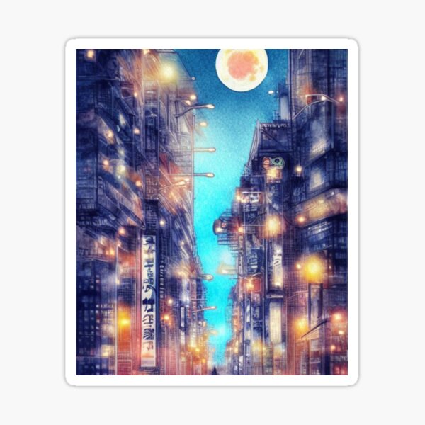 "Tokyo Moon at Night - Neon Tokyo city painting" Sticker for Sale by ...