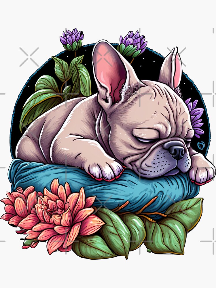 "Sleeping Beauty - Frenchie dreaming in bed with flowers" Sticker for ...