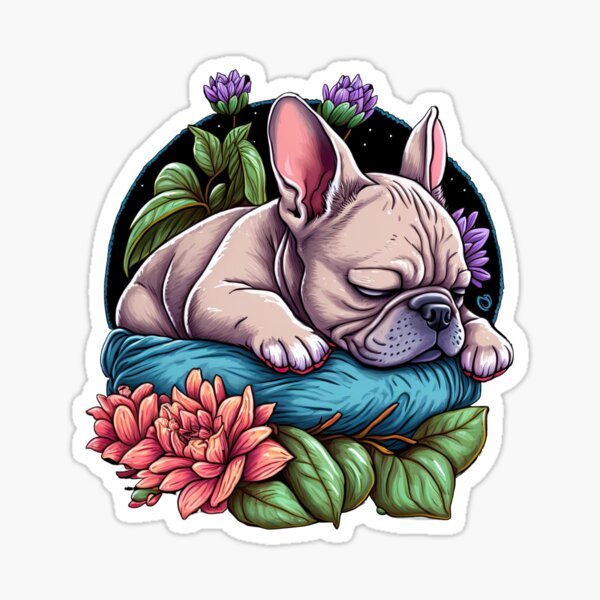 "Sleeping Beauty - Frenchie dreaming in bed with flowers" Sticker for ...