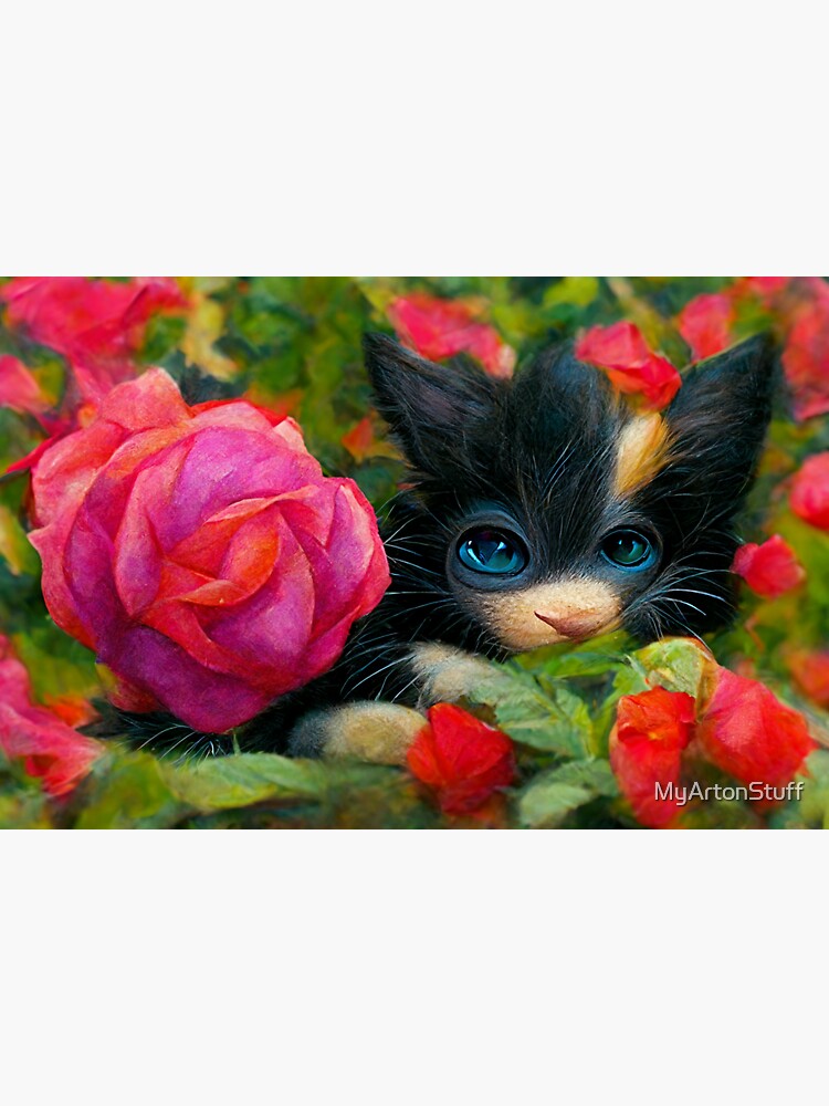 "Cute Kitty Cat in Roses #36" Sticker for Sale by MyArtonStuff | Redbubble