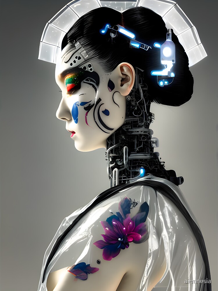 "Japanese Geisha Cyborg with flower tattoo - modern cyberpunk digital ...