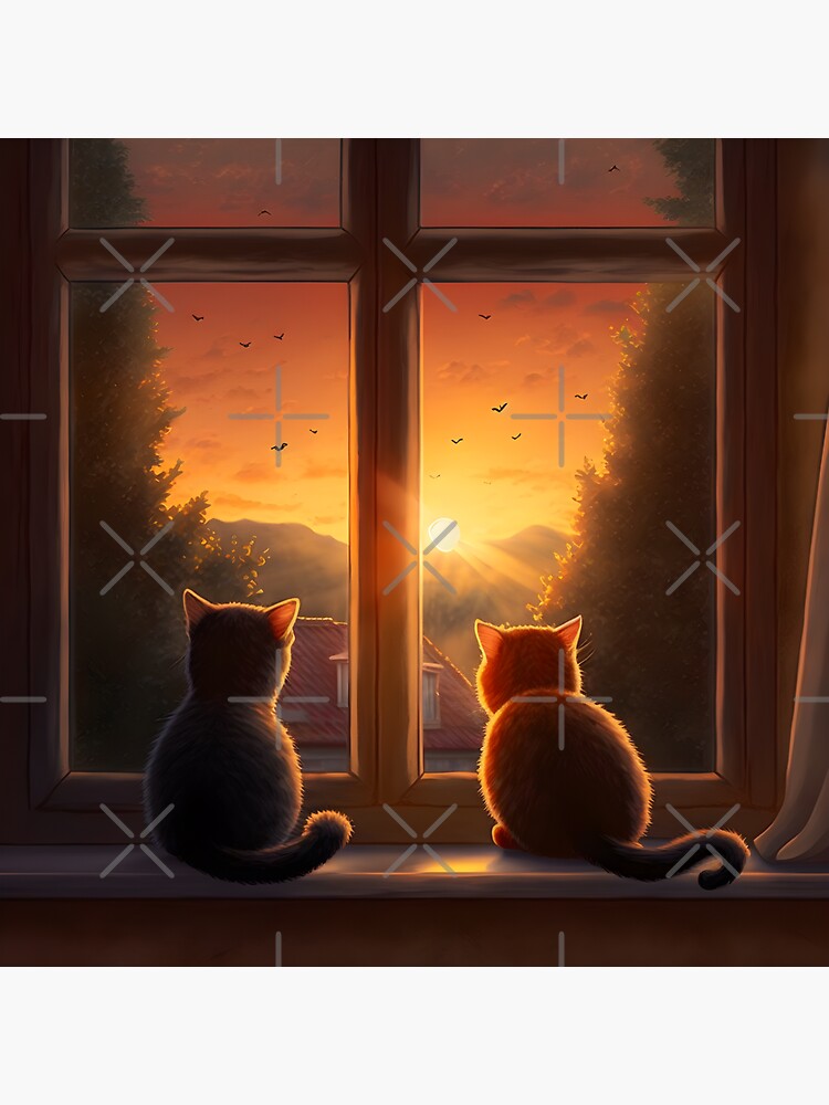 "Cat Looking at Sunset Window Kittens Scene" Sticker for Sale by ...