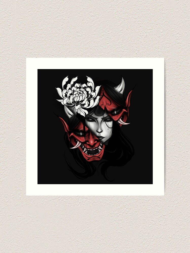 "Japanese Oni Mask and Kiku " Art Print for Sale by Yunoart66 | Redbubble