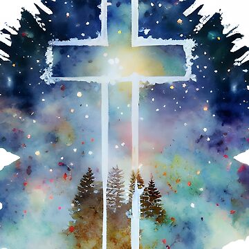 "Loose Watercolor Christian Christmas Cross with Christmas Trees, Fir ...
