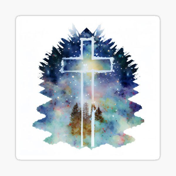 "Loose Watercolor Christian Christmas Cross with Christmas Trees, Fir ...