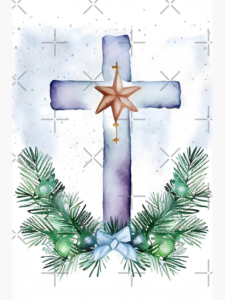 "Loose Watercolor Christian Christmas Cross with Star, Bow and Fir ...