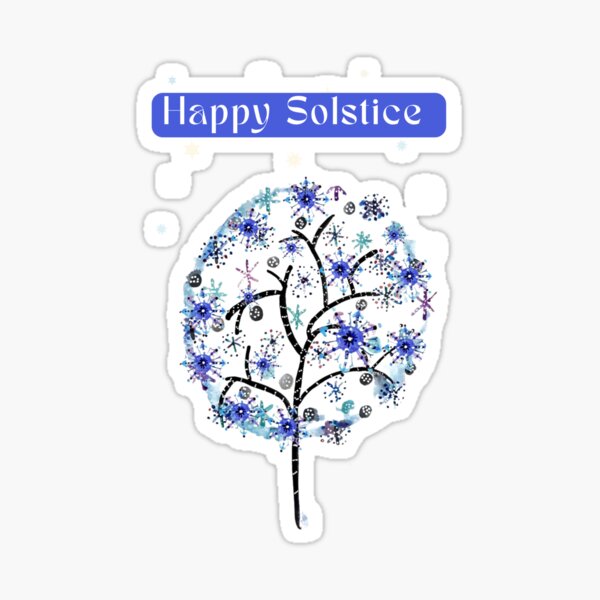 "Happy Solstice with a Frosty Tree on a Carpet of Snow" Sticker for ...