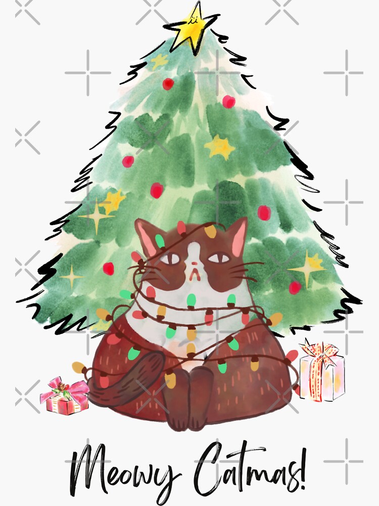 "Meowy CATMAS" Sticker for Sale by pixel8edart | Redbubble