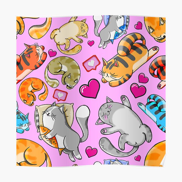 "Sleeping Cats Seamless Pattern with love. Seamless cartoon colorful ...