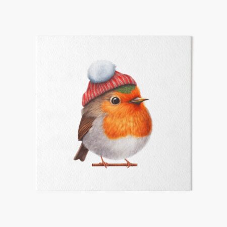 " cute robin wearing a a pom pom toque Color pencil drawing" Art Board ...