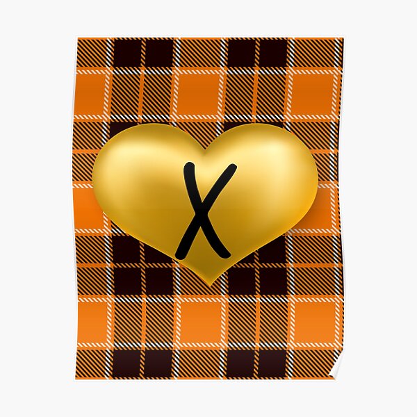 "Art Deco-Abstract Warm Plaid-Puff Gold Heart with Initial-X" Poster ...