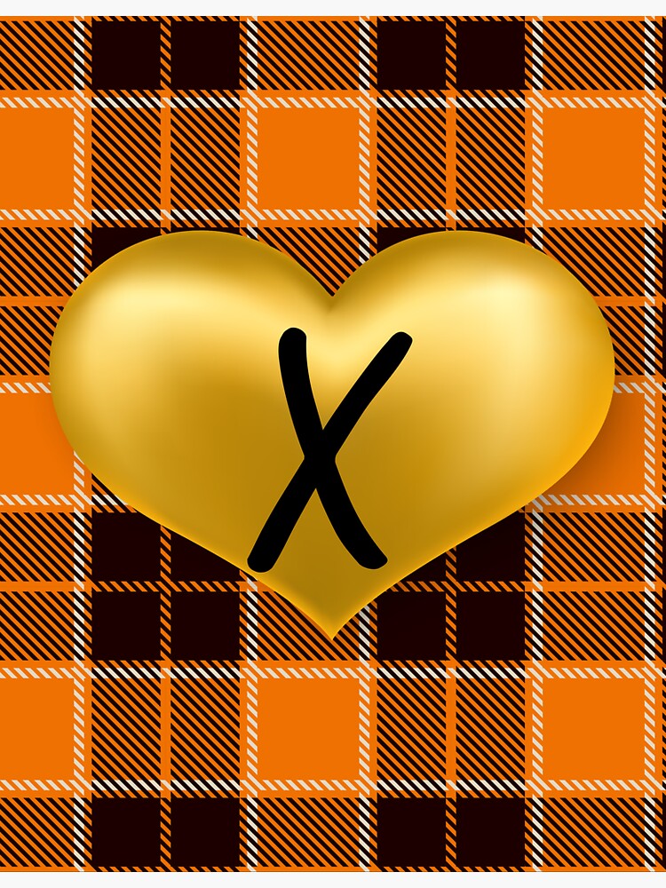 "Art Deco-Abstract Warm Plaid-Puff Gold Heart with Initial-X" Sticker ...