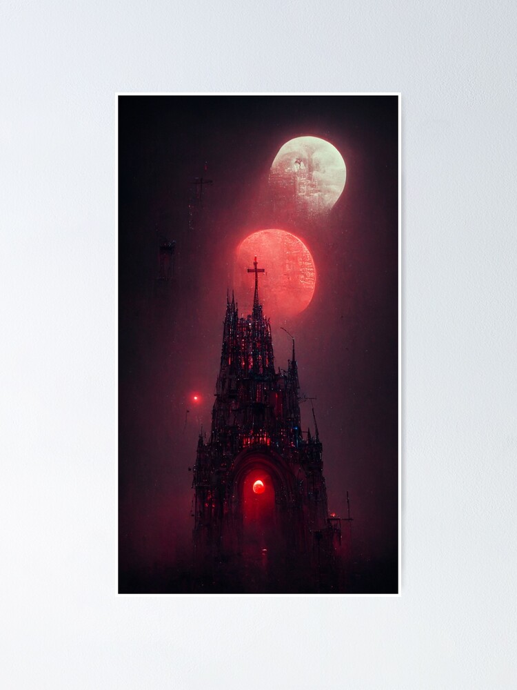 "Gothic cathedral red neon, red and white moon, night " Poster for Sale ...