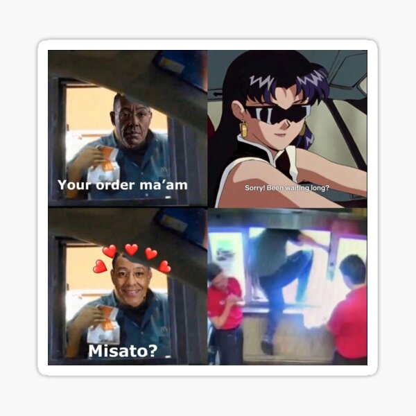 "Misato and Gus Fring Drive Thru" Sticker for Sale by Brayden-H | Redbubble