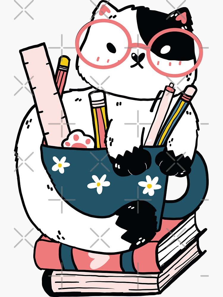 "Cute Nerd Cat with Book" Sticker for Sale by GoKuCreative | Redbubble