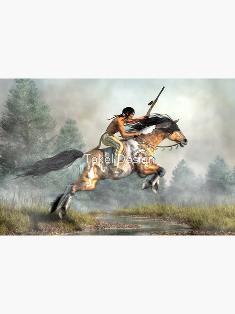 "A Native American warrior rides his pinto coated horse as it jumps ...