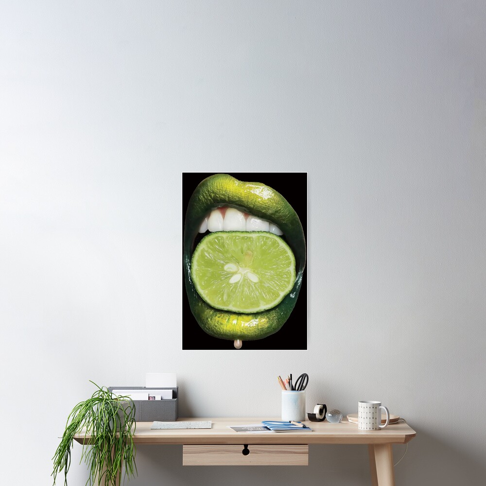 "Mouth dripping lime juice green lips eating Fruit 100% juice lime ...