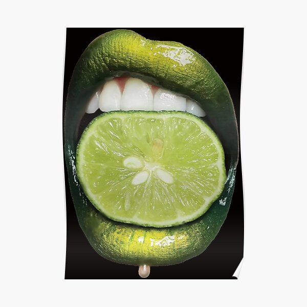 "Mouth dripping lime juice green lips eating Fruit 100% juice lime ...