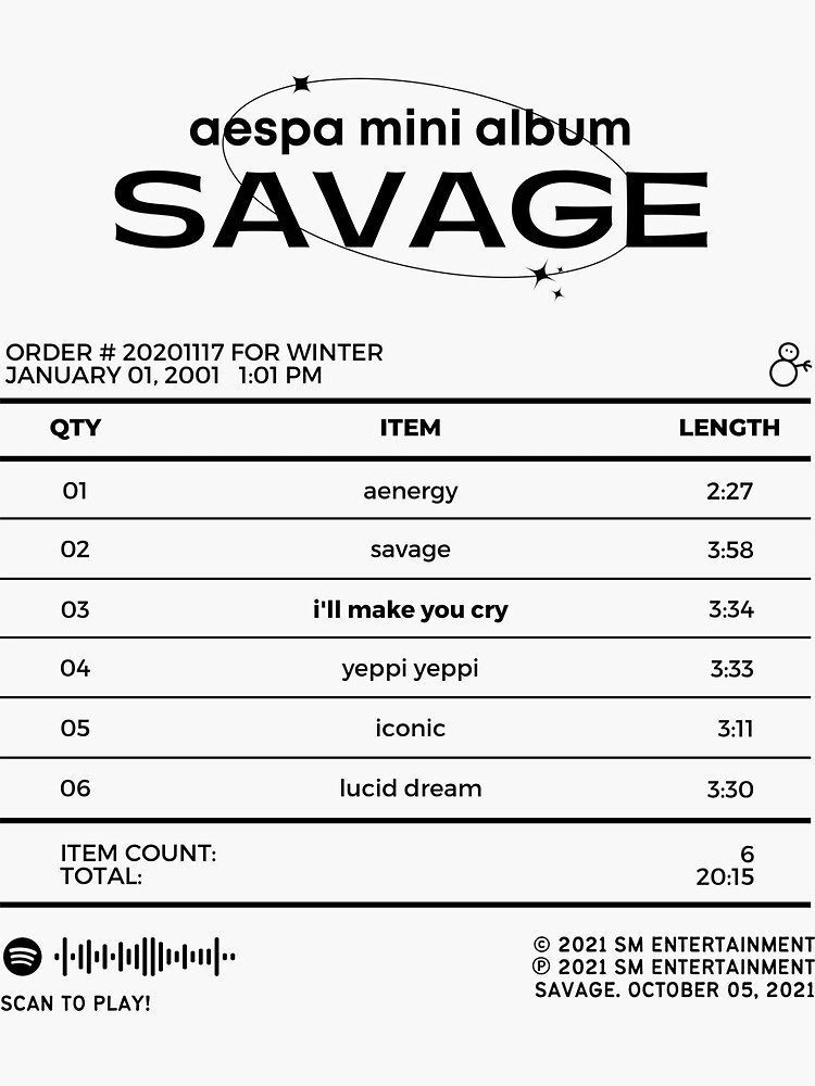 "aespa savage tracklist" Sticker for Sale by armawintaer | Redbubble