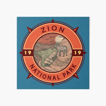 "Zion National Park Bighorn Sheep Retro Compass Emblem" Art Board Print ...