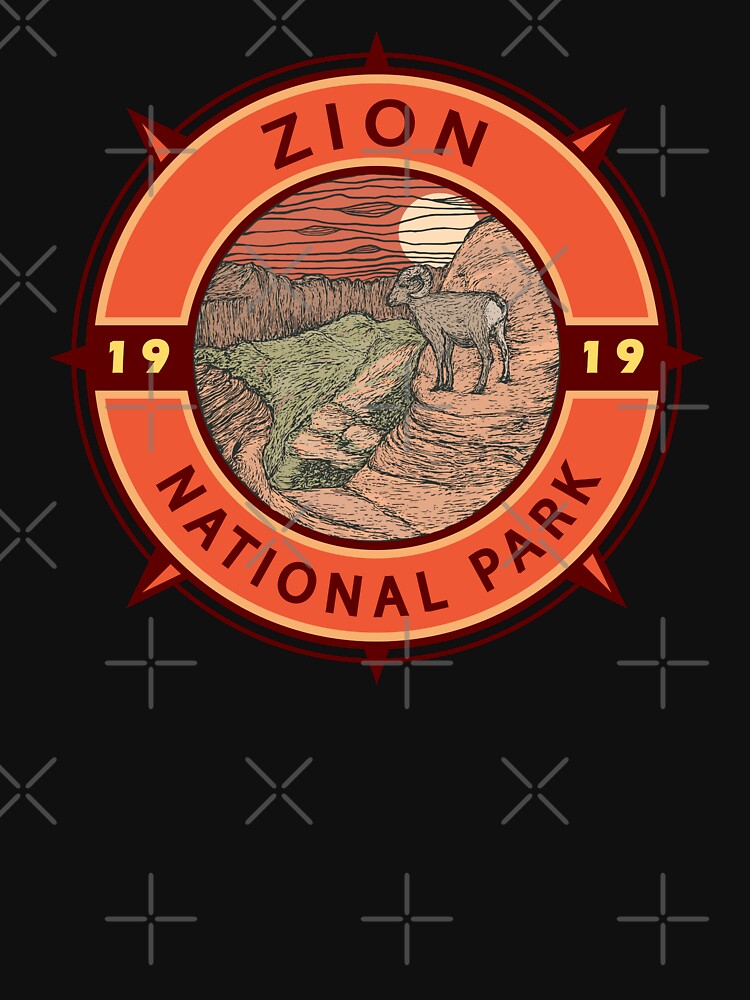 "Zion National Park Bighorn Sheep Retro Compass Emblem" T-shirt for ...