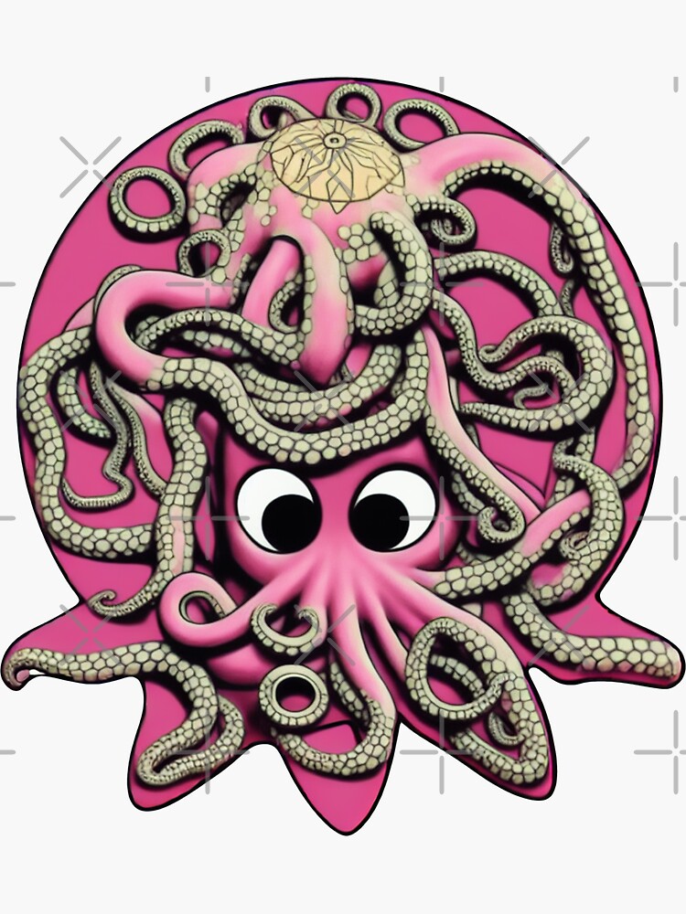 "Rose pink cartoonish round octopus with Sumerian style adornments III ...