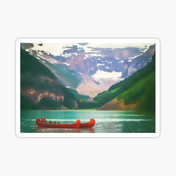 "Boat on a lake vibrant color cartoon illustration" Sticker for Sale by ...