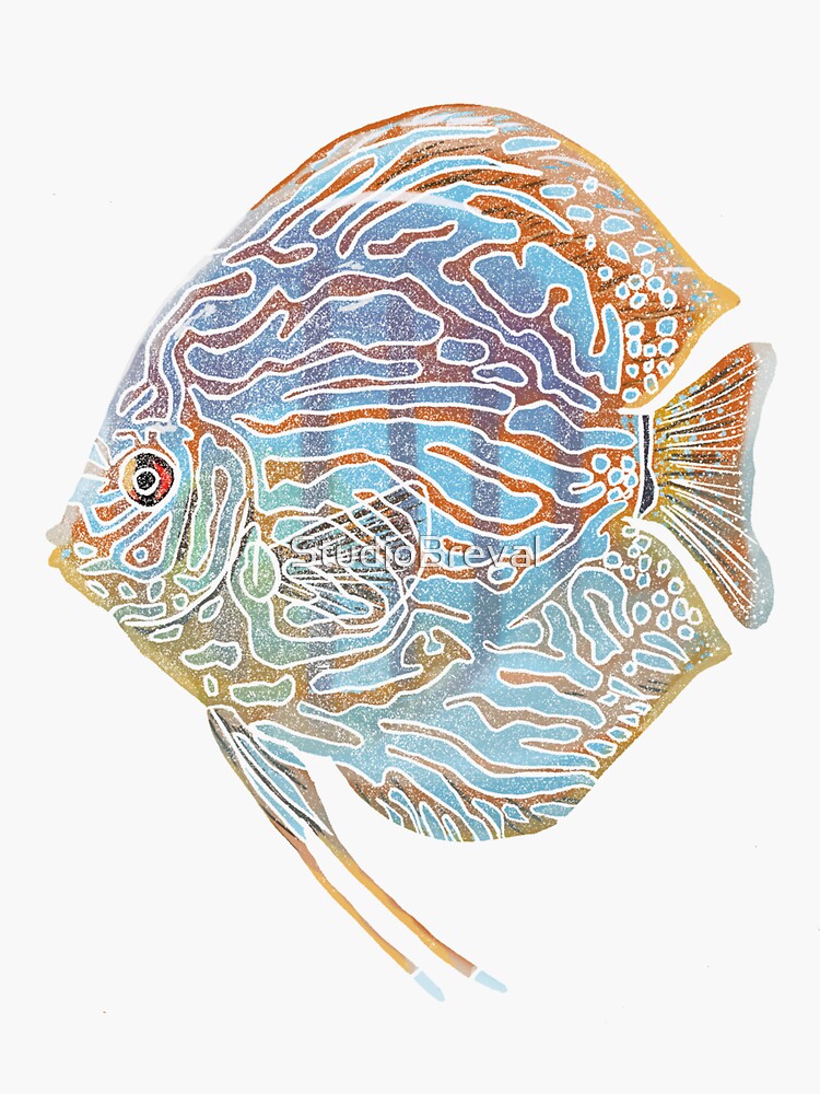 "Colorful discus fish, handmade linocut" Sticker for Sale by ...