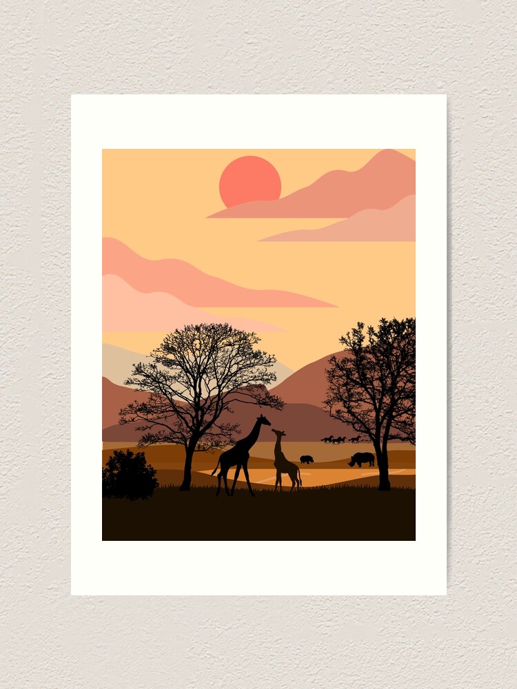 "African savannah sunset: Wild animals and acacia tree" Art Print for ...