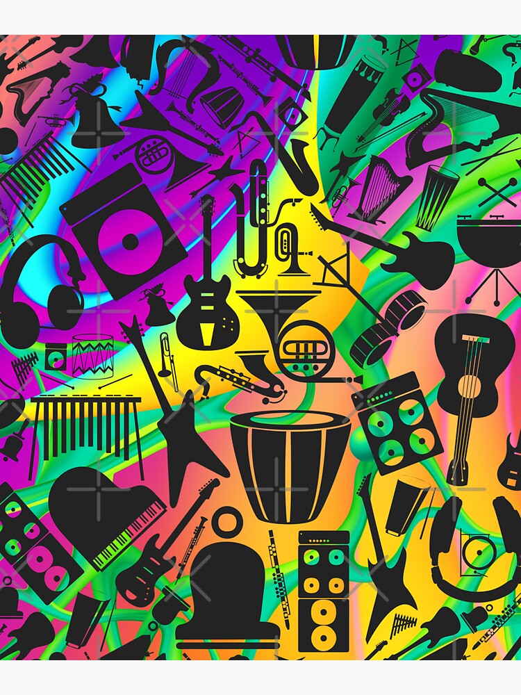 "psychedelic art musical equipment print in black" Sticker for Sale by ...