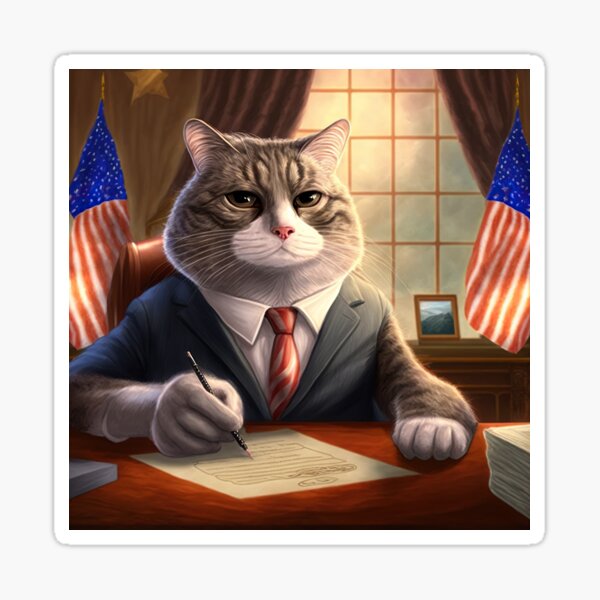 "Cat as President of the USA in the Oval Office signs law" Sticker for ...
