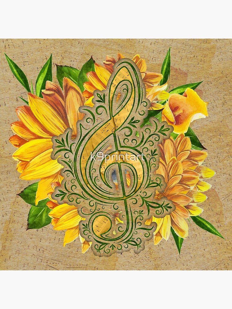 "Treble Clef on Yellow Flowers Vintage Notes paper" Poster by ...