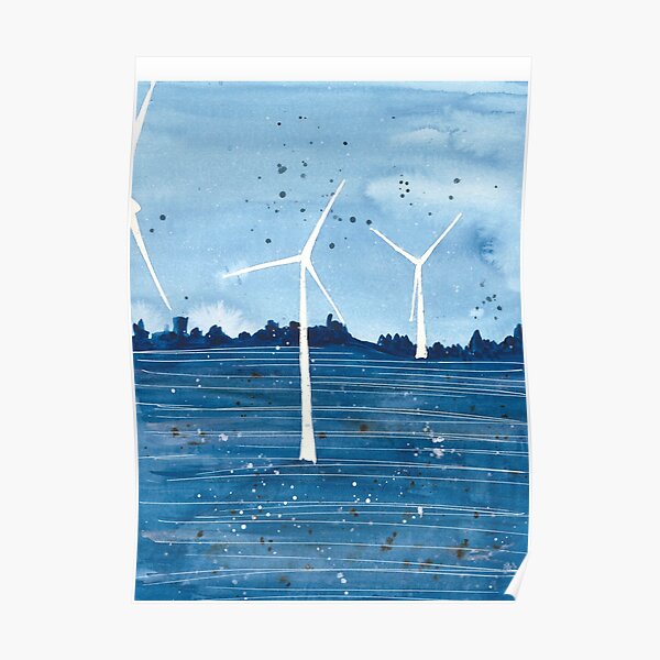 "Watercolor abstract blue seascape, abstract landscape, wind power ...