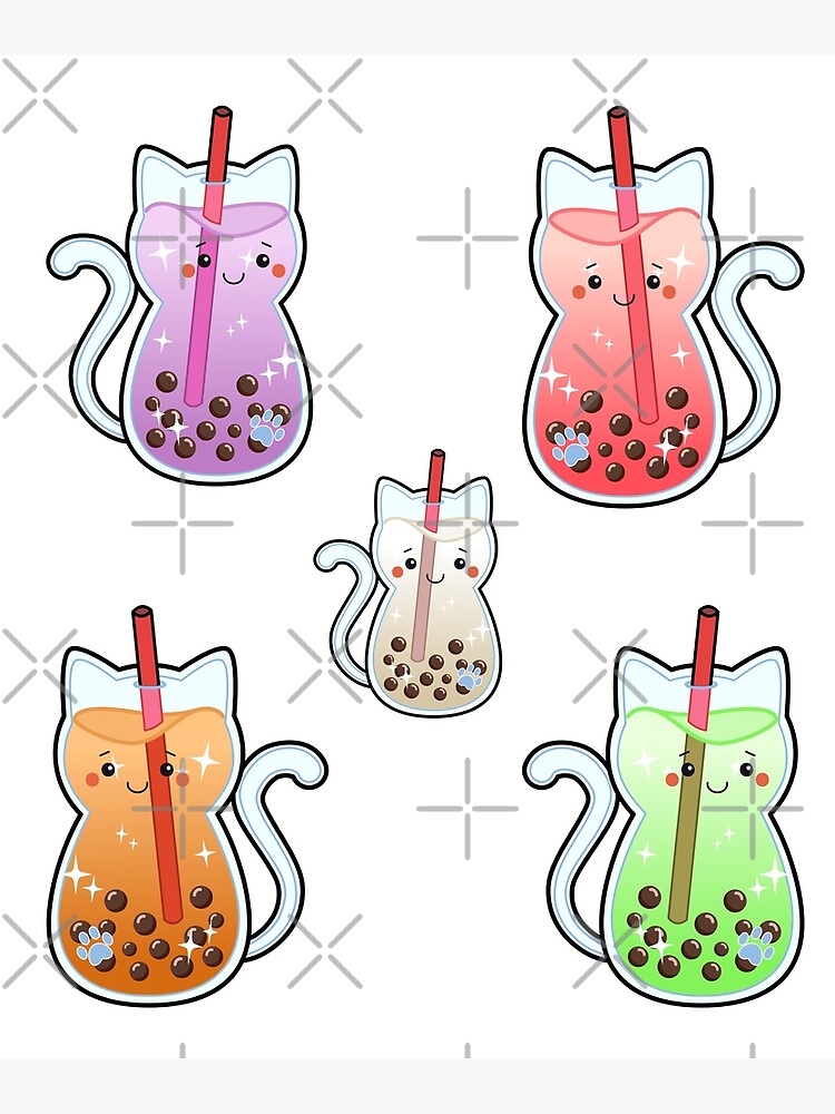 "Boba Tea Cat Sticker Pack Bubble Tea Kawaii Faces Anime" Art Print for ...