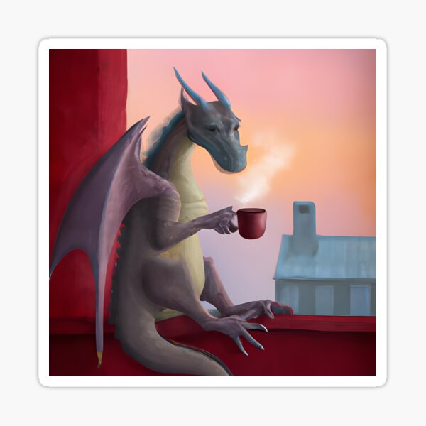 "Grey Dragon Drinking Coffee" Sticker for Sale by druidwolfart | Redbubble