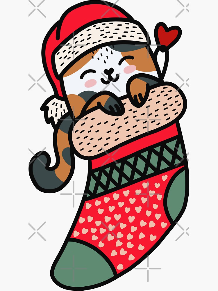 "Cute Kawaii Calico Cat In Christmas Sock Xmas Pajama" Sticker for Sale ...