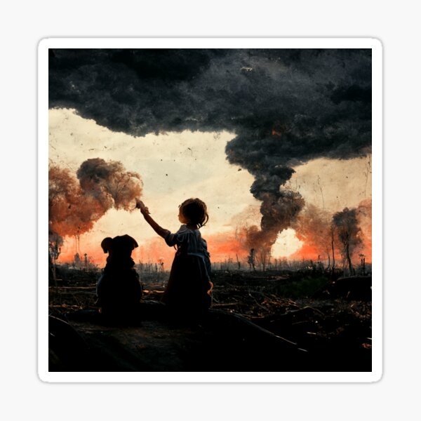 "Boy and Girl sitting on a destroyed world" Sticker for Sale by ...