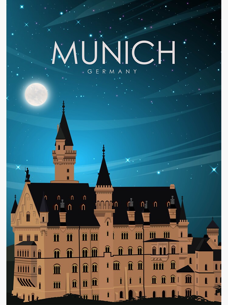 "Munich Germany Caste Travel Poster at Night" Sticker for Sale by ...