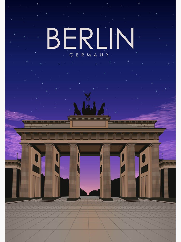 "Berlin Germany Monument Vintage Travel Poster at Night" Sticker for ...