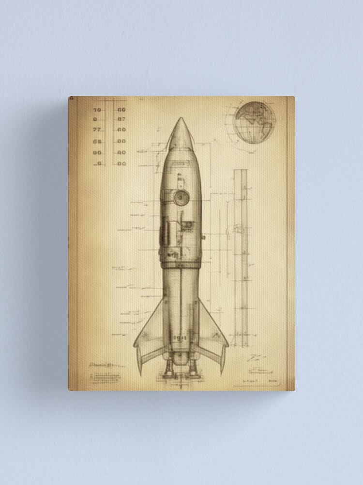 "Ancient space rocket technical drawing with measurements and ...