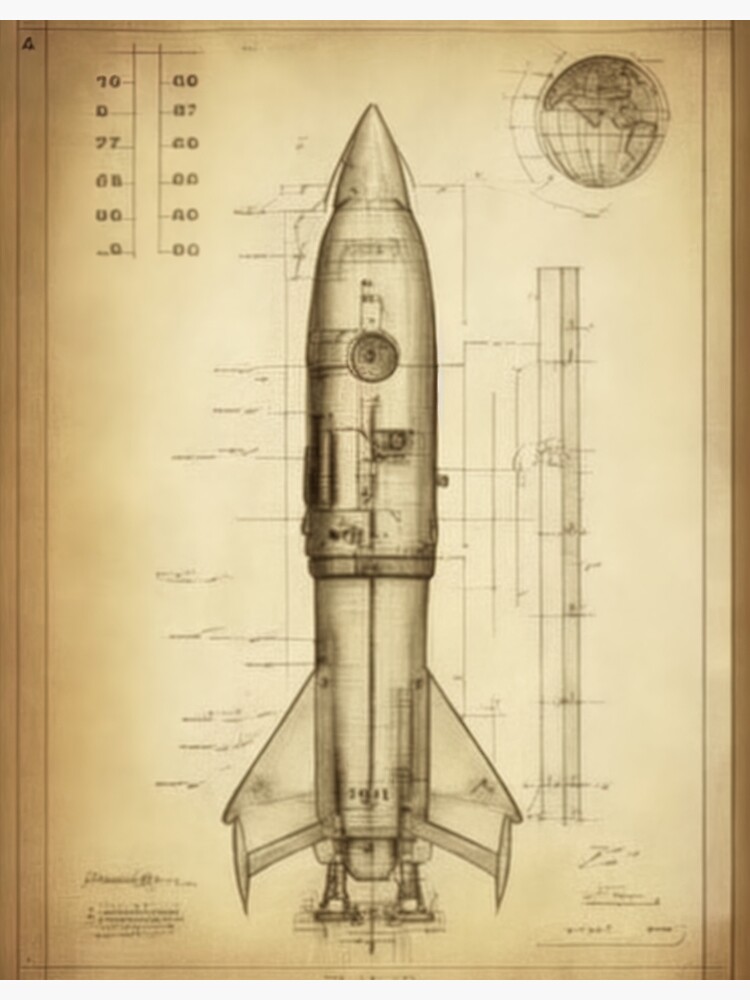 "Ancient space rocket technical drawing with measurements and ...