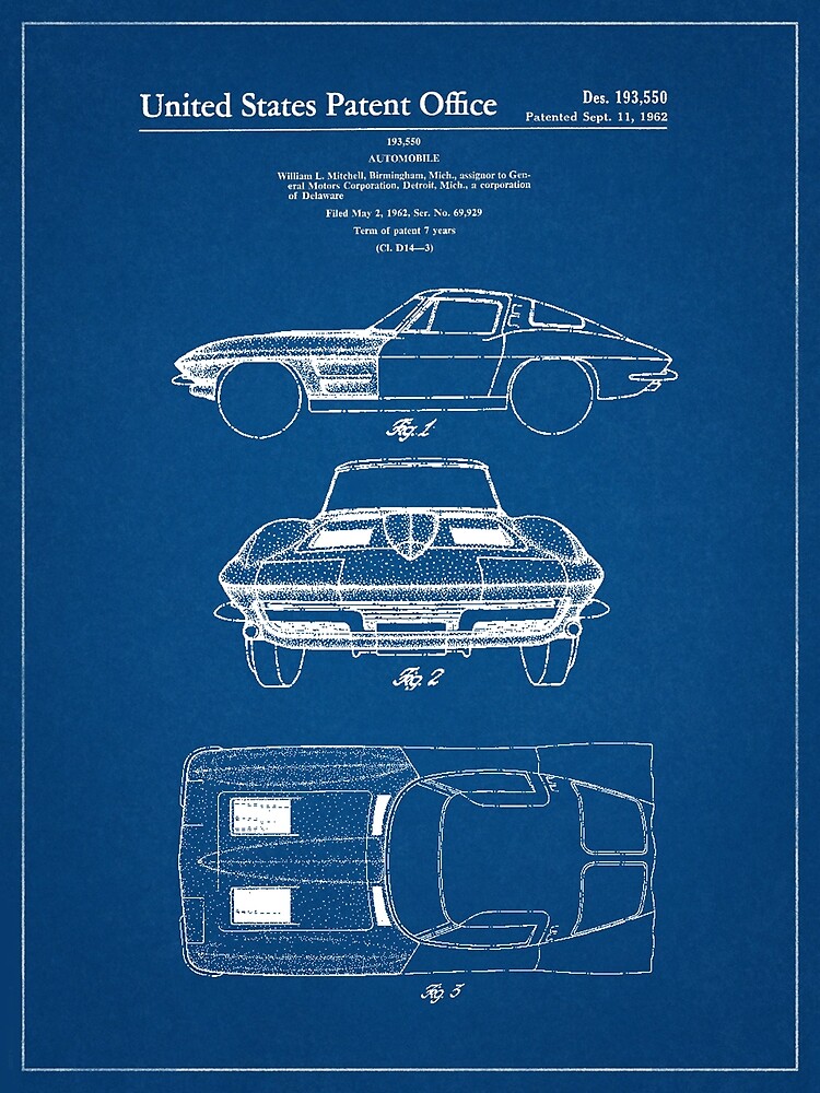 "1963 Chevy Corvette Split Window Coupe Patent Drawing" Photographic ...