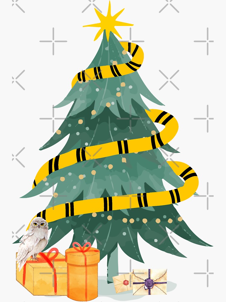 "Harry p hp Huffle yellow house magical Christmas tree" Sticker for ...