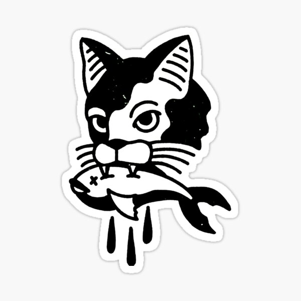 "Black and White Cat Eating Fish Tattoo" Sticker for Sale by Cesarcali ...