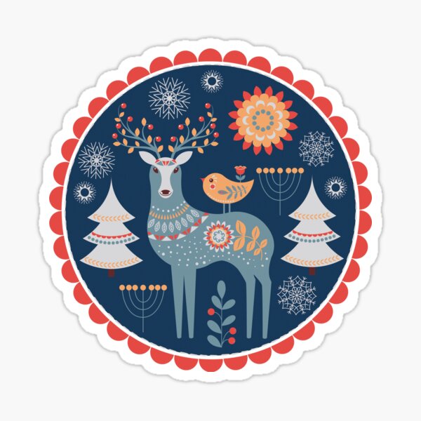 "Blue red reindeer with bird" Sticker for Sale by OrnamentallyYou ...