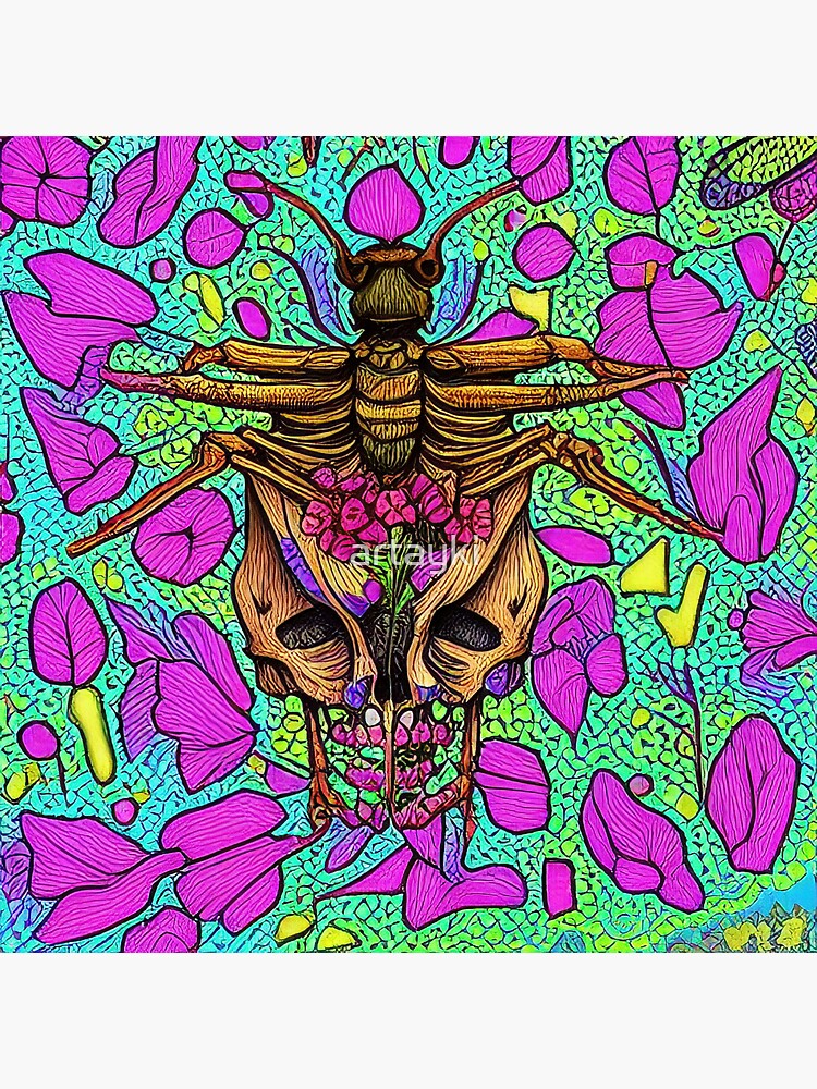 "Skeleton with Flowers and Bugs - Grasshopper Skull" Sticker for Sale ...